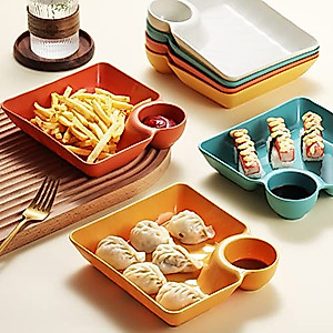 Luxshiny 4pcs Plastic Dumpling Plates with Sauce Compartment Square Serving Plates with Sauce Holder Serving Platter Tray for Party