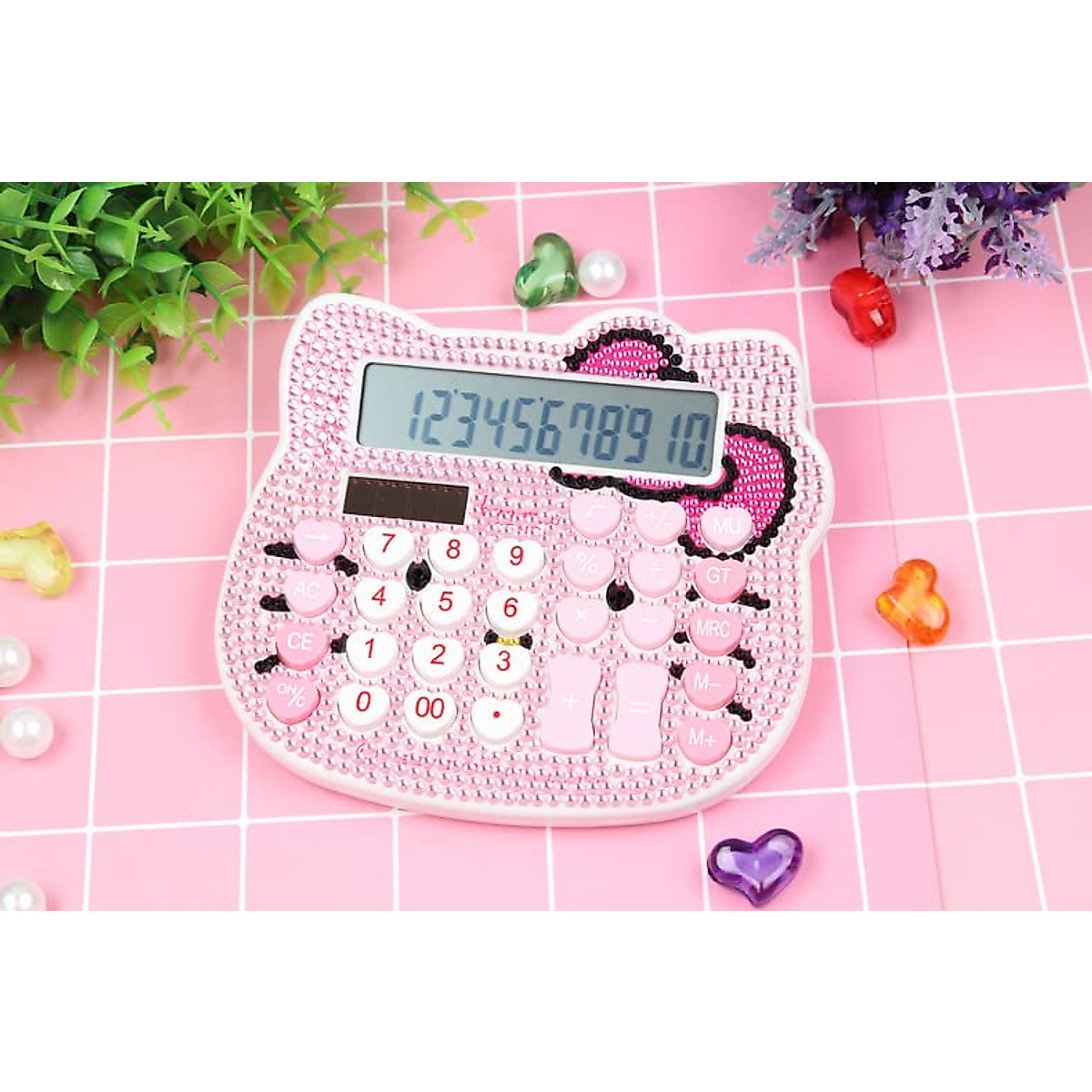 Cute Calculator Cat Crystal Calculator Girl and Women Pink Calculator Large LCD Display Dual Drive by Solar Energy and Battery for School Office Home