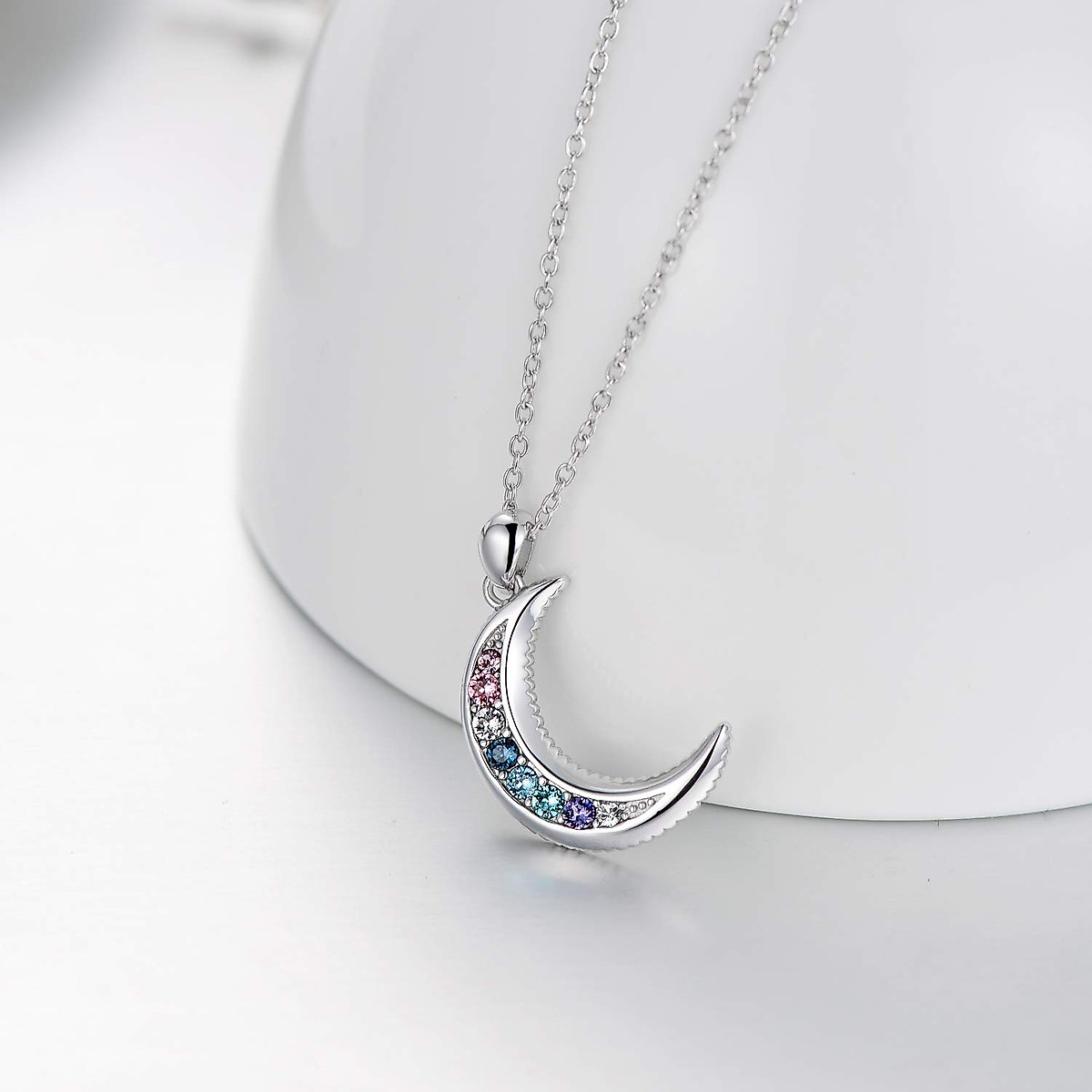 Sterling Silver Crescent Moon Pendant Necklace for Women, Multicolor Crystals from Swarovski, Anniversary Birthday Moon Jewelry Gifts for Lovely Ladies