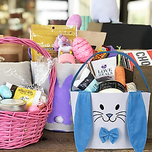 3Pcs Easter Bunny Basket for Kids- Canvas Cotton Carrying Gift and Eggs Hunt Bag, with Long Plush Ear Printed Rabbit Toys Bucket Tote Bags for Girls & Boys (Pink, Purple, Blue)