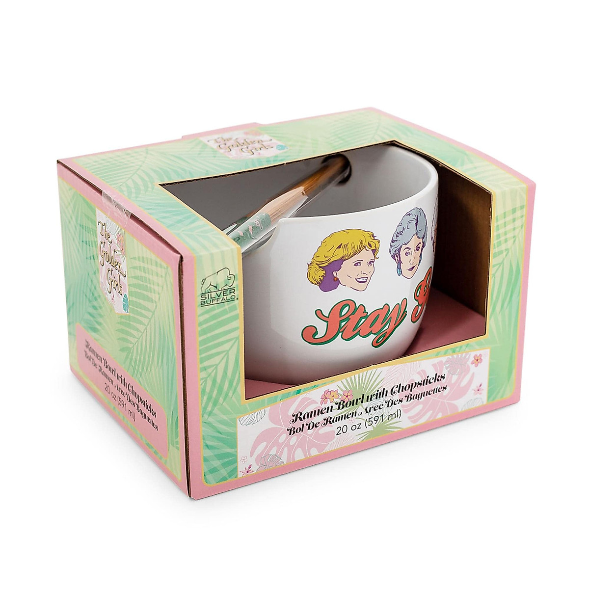 The Golden Girls "Stay Golden" Japanese Ceramic Dinnerware Set | Includes 20-Ounce Ramen Noodle Bowl and Wooden Chopsticks | Asian Food Dish Set For Home & Kitchen | 80s TV Show Gifts and Collectibles