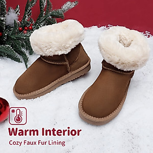 DREAM PAIRS Girls Boys Boots Kids Faux Fur Lined Winter Mid Calf Snow Boots Shorty-K Chestnut Size 2 Little Kid