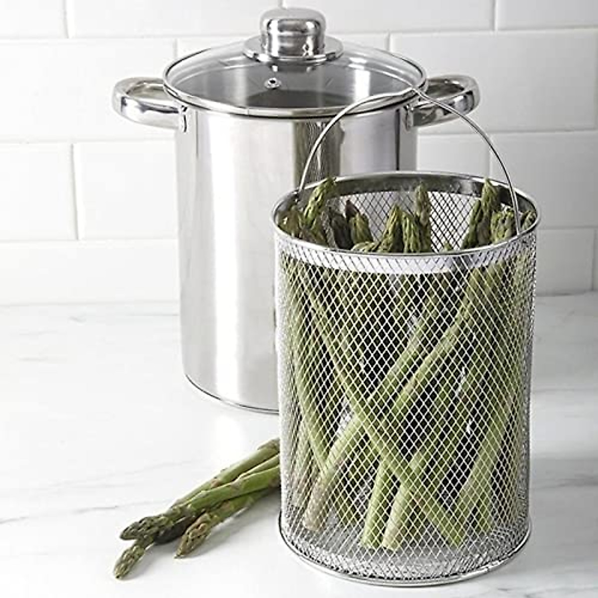 AVLA Asparagus Pot, 4 Quart Stainless Steel Steamer Cooker, Vegetable Asparagus Cooker with Removable Basket and Lid for Pasta, Spaghetti, Boiled Eggs, Shrimp, Oil Deep Fry Pan for French Fries