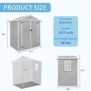 COCLUB 6x4.4FT Resin Shed Plastic Shed Outdoor Storage Shed with Floor,Resin Outdoor Shed with Window, Lockable Door Side Window, Front & Rear Vents for Garden, Backyard, Patio-Light Gray