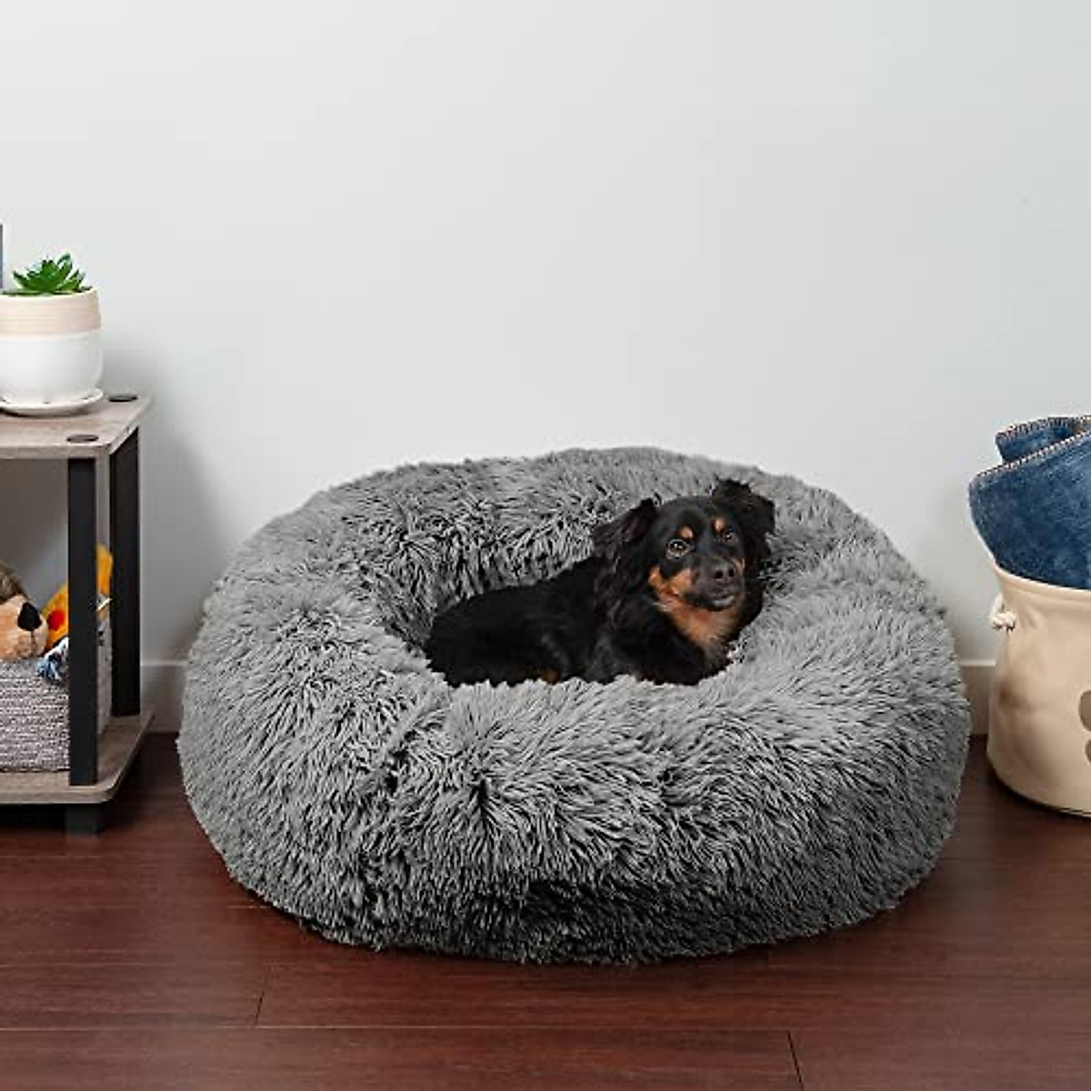 Furhaven 30" Round Calming Donut Dog Bed for Medium/Small Dogs, Refillable w/ Removable Washable Cover, For Dogs Up to 45 lbs - Shaggy Plush Long Faux Fur Donut Bed - Gray, Medium