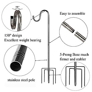 COCONUT 78 Inch Shepherds Hook for Bird Feeder, 5/8 Inch Width Heavy Duty Adjustable Outdoor Shepherd Hooks with 5-Prong Base for Lanterns Planting Hanger Weddings Decor, Silver