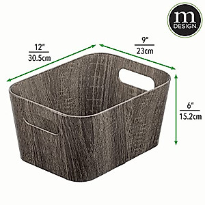 mDesign Wood Print Food Bin Box with Handles - Rustic Basket for Kitchen and Pantry Vegetable and Potato Storage - Perfect for Garlic, Onions, Fruit, and More - 12" Long - 4 Pack - Black
