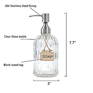 Funly mee Bathroom and Kitchen Clear Glass Soap Dispenser with Vertical Stripe - 16 Oz, 304 Rustproof Stainless Steel Pump, Refillable Liquid Glass Soap Dispenser for Hand Soap, Dish Soap (Clear)