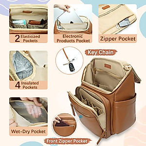Omanmoli Diaper Bag Backpack Baby Diaper Bag Leather with 17 Diaper Bag Organizing Pouches,Changing Pad,Stroller Straps,4 Insulated Pockets,Brown
