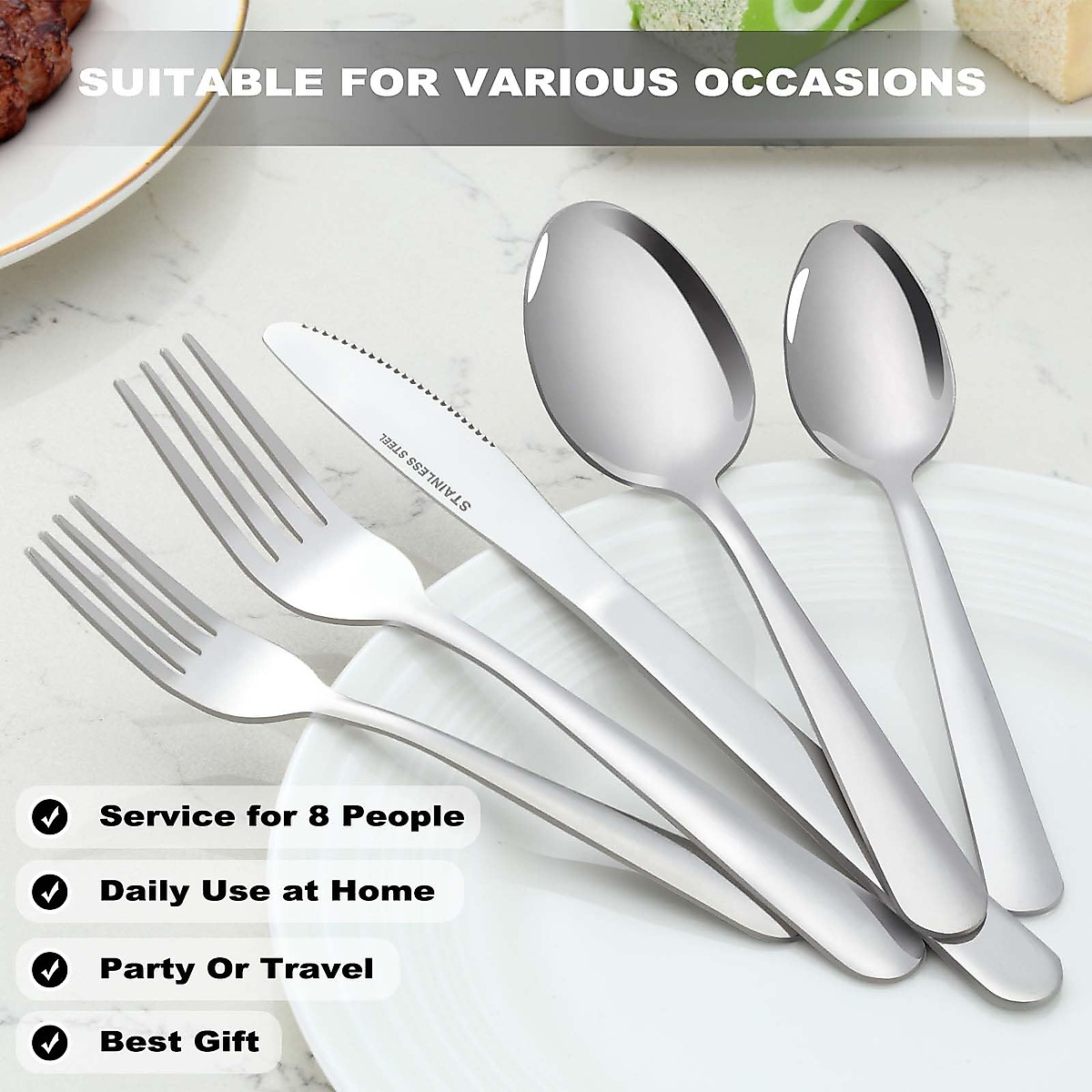 Bestdin Silverware Set for 8, 40-Piece Spoons and Forks Set, Food-Grade Cutlery Set, Stainless Steel Forks and Spoons Silverware Set, Flatware sets Includes Knife/Fork/Spoon, Dishwasher Safe.