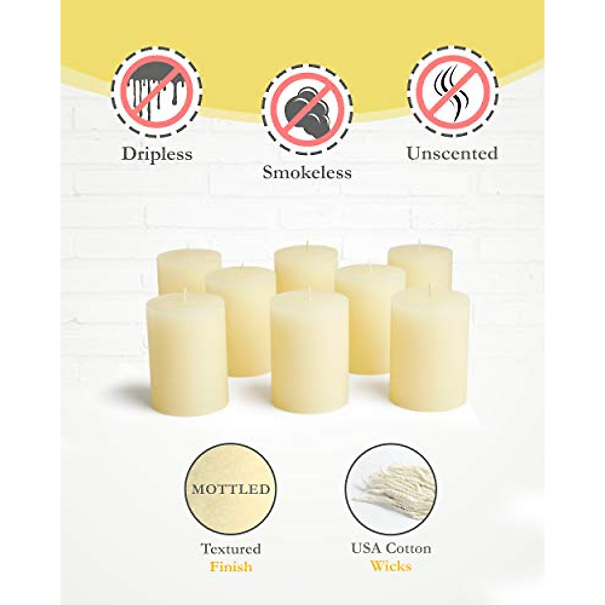 Mottled Pillar Candles by Bask - Set of 8 - 3" x 4" Dripless Unscented Candles in Ivory for Home Decor, Relaxation & All Occasions