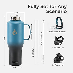 RAYMYLO Insulated Water Bottle 40oz (Cold for 48 Hrs), Stainless Steel Water Bottle with Handle & Straw Lid & Paracord Handle, Triple Wall Vacuum Leakproof Travel Flask, Fit in Any Car Cup Holder
