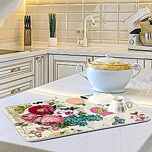 Dish Drying Mats for Kitchen Counter, TOPCARPENTER 18*24 inch Spring Flower& Hummingbirds Dish Drainer Mat, Ultra Absorbent Microfiber Dish Drying Pad for Kitchen Counter Coffee Bar