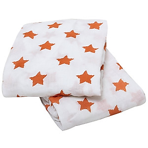 Bacati - Stars Soft Breathable 100% Cotton Muslin Baby Crib Fitted Sheet - Fits Standard 28 x 52 x 5 Crib & Toddler Mattresses (Ikat Stars Orange)