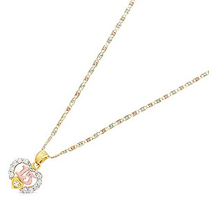 Ioka 14K Two Tone Gold Sweet 15 Years Quinceanera Heart Cubic Zirconia CZ Charm Pendant with 1.5mm Valentino Chain Necklace - 16"