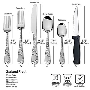 Pfaltzgraff Garland Frost 53-Piece Stainless Steel Flatware Serving Utensil Set and Steak Knives, Service for 8