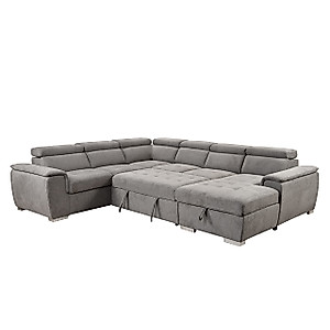 Eafurn 125'' U-Shaped Sectional Sleeper Right Storage Chaise Lounge and Pull Out Bed, 7-Seater Tufted Seat Oversized Sofa & Couches with Adjustable Headrest for Living Room, Light Gray