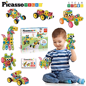 PicassoTiles STEM Learning Toys 250 Piece Building Block Kids Construction Engineering Kit Toy Blocks Children Early Education Playset w/Free IdeaBook, Power Drill, Clickable Ratchet, Age 3+ PTN250
