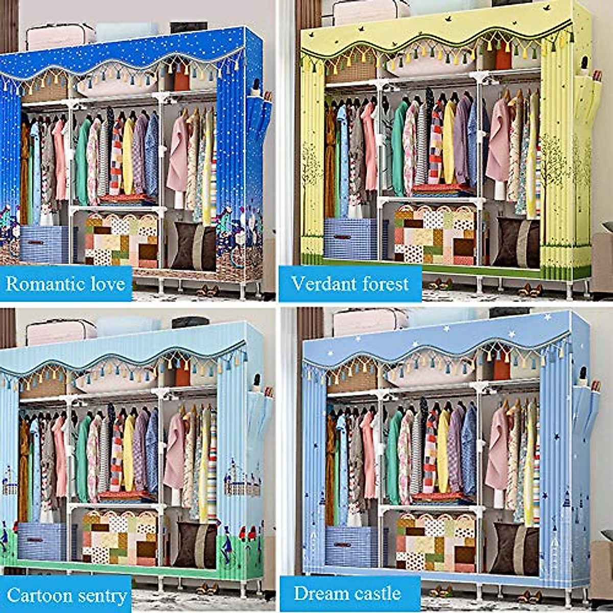 ZZBIQS Extra Large Wardrobe Clothes Storage Closet, Portable Garment Organizer Shelves Rack, Flannel Fabric Cover Standing Closet with Hang Rod and 2 Side Pockets, Beige