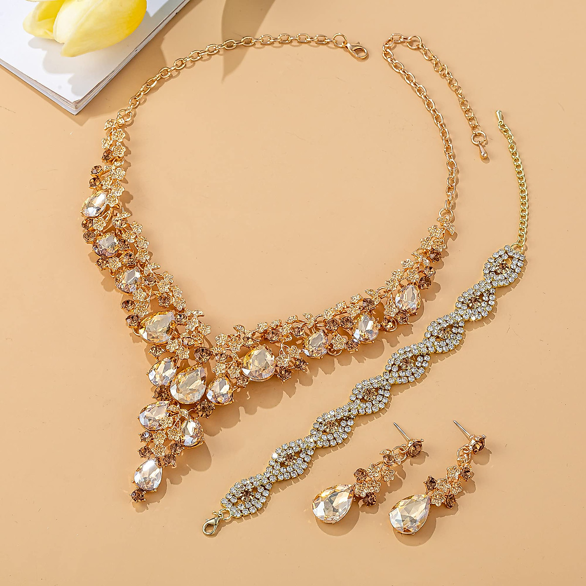 Paxuan Wedding Bridal Bridesmaid Austrian Crystal Rhinestone Jewelry Sets Statement Choker Necklace Earrings Bracelets Sets for Wedding Party Prom (Necklace + Earring + Bracelet (Champagne))