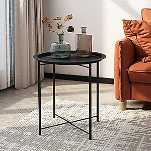 VECELO Side/End Table, Folding Round Metal Anti-Rust and Waterproof Outdoor or Indoor Tray for Living Room Bedroom Balcony and Office, 2 PCS, Black