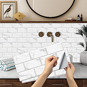 12-Sheet White Peel and Stick Wallpaper, Subway Tile 6''x12'' Self Adhesive Wall Tiles Waterproof PVC Stick on Backsplash Vinyl Decorative Tiles Stickers for Kitchen Bathroom