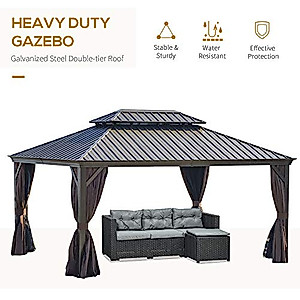 Outsunny 12' x 16' Hardtop Gazebo Canopy with Galvanized Steel Double Roof, Aluminum Frame, Permanent Pavilion Outdoor Gazebo with Netting and Curtains for Patio, Garden, Backyard, Deck, Lawn, Brown