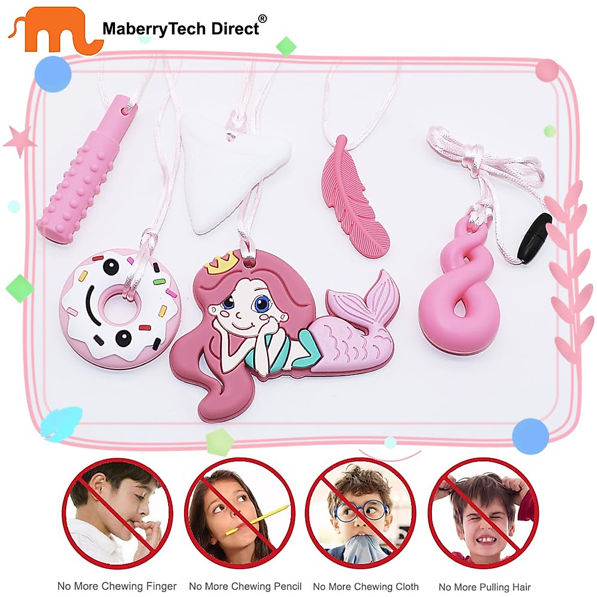 Chew Necklaces for Sensory Kids Adults, 6 Pack Silicone Sensory Chew Toys for Autistic Children with ADHD/SPD/Autism/Anxiety, Pink Chewy Necklace Stim Toy for Teething Chewing Biting Fidgeting