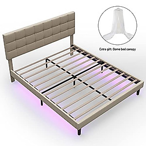INCLAKE Queen Size Platform Bed Linen Upholstered Platform Bed Frame with RGB LED Lights and Adjustable Headboard Square Stitched Bed Frame, Wood Slats Support, No Box Spring Needed, Beige