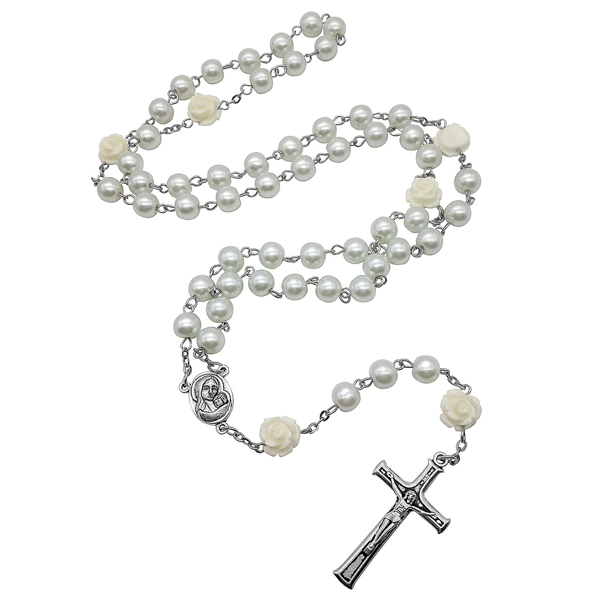 Nazareth Store White Pearl Beads Rosary Roses Mystery Beads Prayer Necklace Our Rose Lourdes Medal and Cross Crucifix