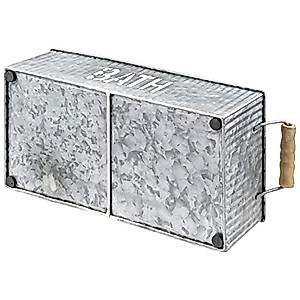 MyGift Currogated Galvanized Metal Rectangular Storage Basket with Wooden Handles, Bathroom Toiletries Holder, Organizer Bin with Bath Cutout Label