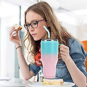 Perched helper 40 oz Tumbler with Handle and Straw, 2-in-1 Lid (Straw/Flip) - Stainless Steel Travel Mug Insulated Vacuum Sealed Cup for Hot and Cold Beverages (Pink Blue)