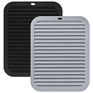 tifanso 2PCS Silicone Trivets for Hot Dishes, 9"x11.5" Trivets for Hot Pots and Pans Quartz Countertops, Hot Pads for Kitchen Countertops, Heat Resistant Mat for All Hair Styling Tools(Black and Gray)