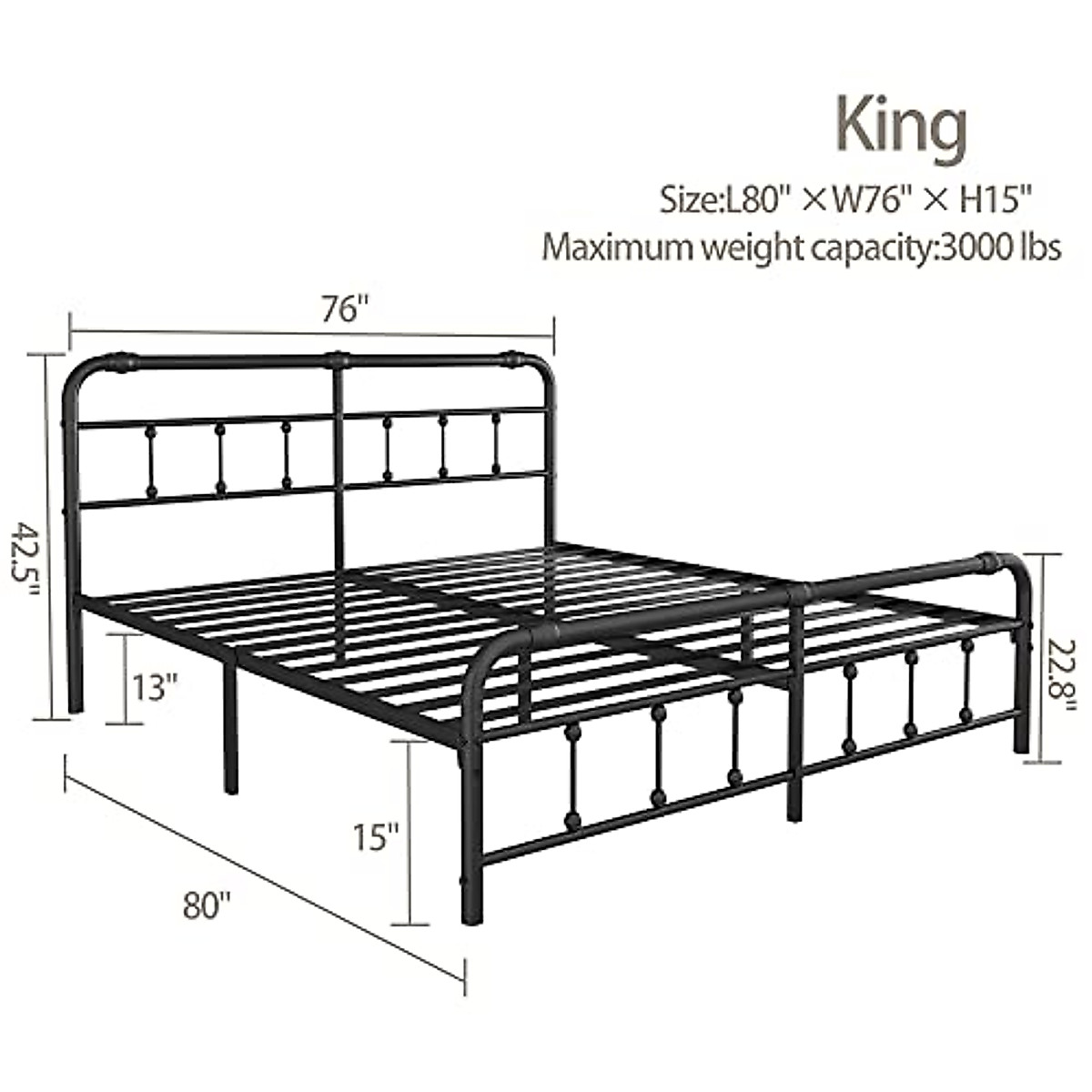 Debercu King-Bed-Frame with-Headboard and Footboard - Platform Metal Slats Mattress Foundation,No Box Spring Needed, Easy to Assemble(Black)