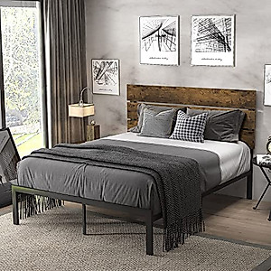 Allewie Queen Size Platform Bed Frame with Wooden headboard and Metal Slats/Rustic Country Style Mattress Foundation/Box Spring Optional/Strong Metal Slats Support/Easy Assembly