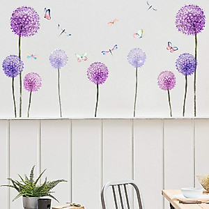 Dandelion Plant Wall Decals, Flying Violet Flowers Butterflies Dragonfly Wall Stickers, DILIBRA Removable Peel and Stick DIY Art Vinyl Mural for Classroom Kids Bedroom Bathroom Nursery Home Decor