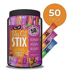 Tiki Cat Stix Mousse Treats, Variety Mega Jar, Single Serve Indulgent Lickable Treat or Dry Food Topper, 50 Count, 25 oz. (0.5 oz./Stick)