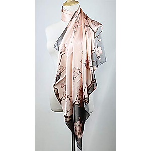 vabovin Elegant 35" Women's Satin Square Silk Feeling Large Neckerchief Fashion Accessory (Pale Pink Plum Blossom)