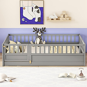 CITYLIGHT Full Floor Bed with High Rails, Wood Montessori Floor Bed with Door Design, Kids Full Bed Frame for Boys Girls Children,No Bed Slats,Grey