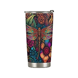 20oz Colorful Vintage Flower Mosaic Dragonfly Tumbler, Gifts for Dragonfly Lovers, Coffee Thermos for Women, Stainless Steel Double Wall Vacuum Insulated Coffee Mug, Travel Cup with Lid - A