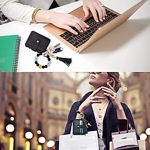 TSNSOEEO Keychain Wallet Wristlet RFID Small Credit Card Holder Bracelet Key Chain Purse Bangle Tassel Beads Key Rings for Women