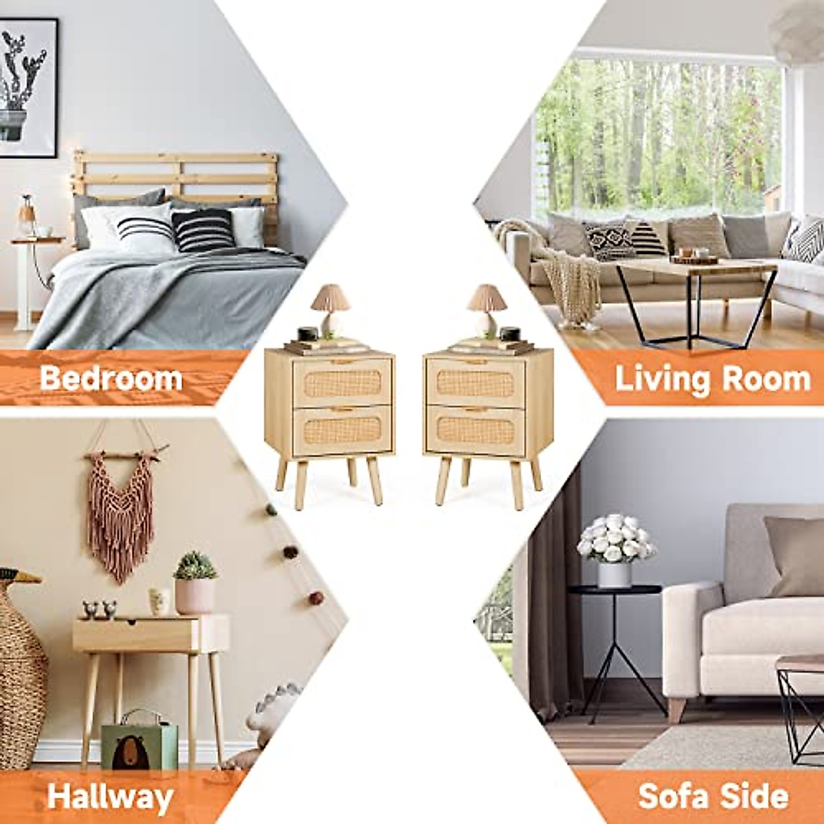 LAZZO Set of 2 Nightstands Wooden Night Stands with Rattan Drawers Home Bedside End Table for Bedroom (2 Drawers Design)