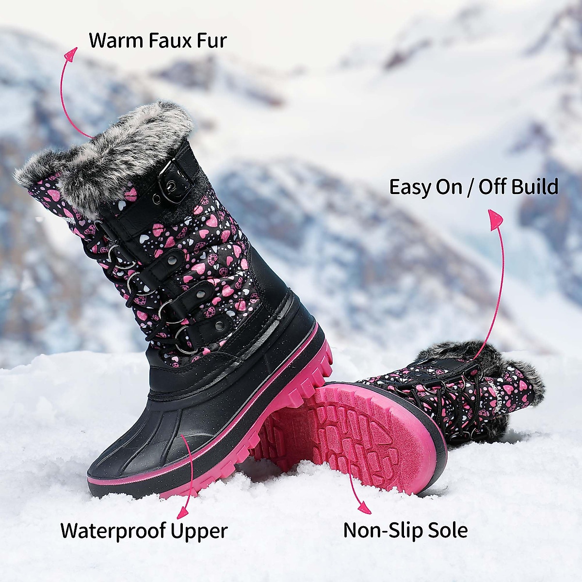DREAM PAIRS Boys Girls Snow Boots Water-Resistant Outdoor Warm Cozy Anti-Slip Mid Calf Faux Fur Lining Insulated Winter Shoes for Little/Big Kids,Size 2 Little Kid,Black/Pink,KRIVER-1