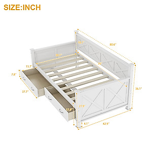 Harper & Bright Designs Twin Size Daybed with 2 Storage Drawers, Wood Twin Sofa Bed X-Shaped Frame, Modern Daybed Frame with Slat Support, Twin Size Bed for Bedroom Living Room (Twin, Cream White)
