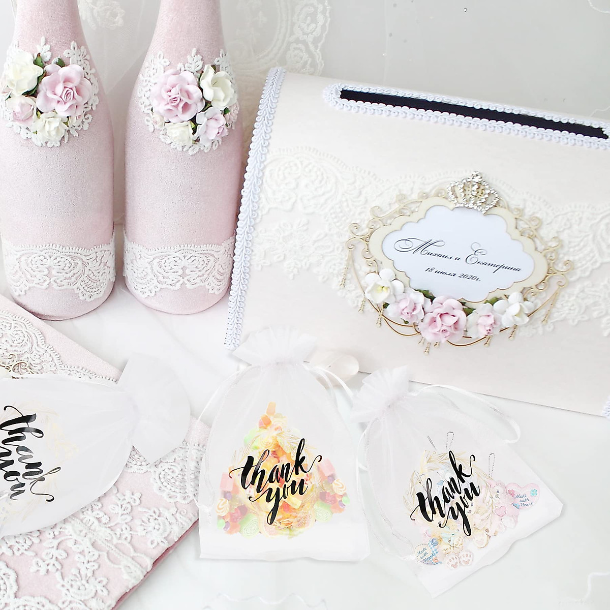 FPAKDH 50 Pieces Thank You Bags Sheer Organza Gift Bags Small Jewelry Present Bags with Drawstring 4 x 6 Mesh Wedding Party Favor Bags for Sachet Jewelry Candy Soap Makeup Party Favor Bags White