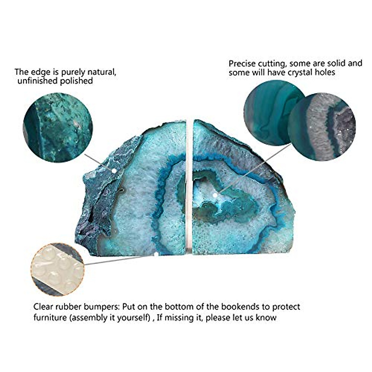 AMOYSTONE 1Pair Teal Agate Bookends Crystal Geode Book Ends 2-3 LBS with Anti-Slip Rubber Bumpers, Holder Small Books