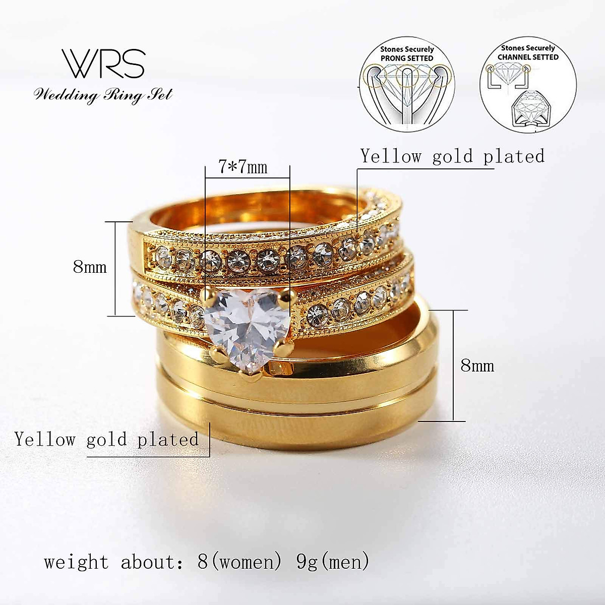 TWO RINGS His Hers Wedding Ring Sets Couples Rings Women's 10k Yellow Gold Plated White heart CZ Wedding Engagement Ring Bridal Sets & Men's Titanium Wedding Band
