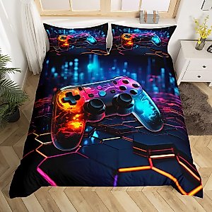 Manfei Video Games Duvet Cover Set Queen Size, Geometric Honeycomb Bedding Set 3pcs for Kids Boys Teens Room Decor, Modern Gamer Gaming Comforter Cover Children Gamepad Quilt Cover with 2 Pillowcases