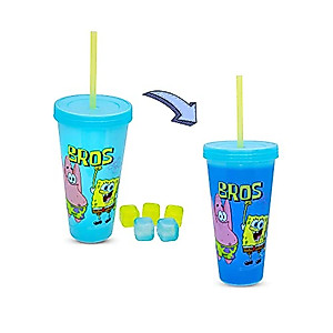 SpongeBob SquarePants "Bros" Color-Changing Plastic Travel Tumbler | Includes Reusable Straw, Leak-Resistant Lid, Fake Ice Cubes | Holds 24 Ounces