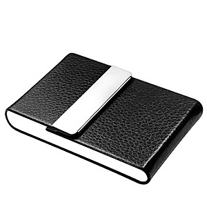 Padike Professional Business Card Holder PU Leather Business Card Case Name Card Holder Slim Metal Pocket Card Holder with Magnetic Shut (Black)